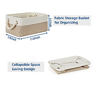 Temary Small Fabric Storage Baskets 6 Pcs Decorative Baskets Bins for Gifts Empty Foldable Storage Baskets with Handles for Organizing Shelf, Towels, Toys (White&Khaki,11.8 L x 7.9 W x 5.3 H inches)