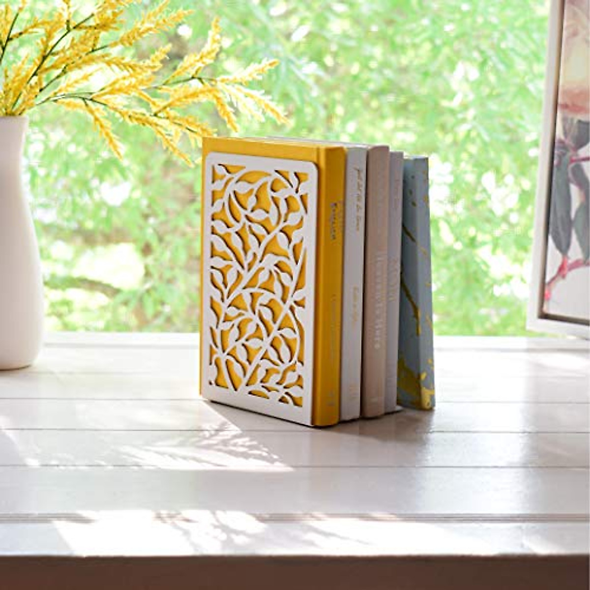 CNK Book Ends Bookends for Book Shelves, Metal Book Ends for Home Office Heavy Books, Book Shelf Holder, Home Decorative, Book Stoppers, Book Holder, Set of 2 White Infinite Leaves Bookends