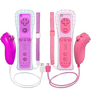 Dliaonew 2 Psck Remote Controller Build in Motion Plus and Nunchuck for Wii/Wii U, Gamepad with Silicone Case and Wrist (Purple and Pink)