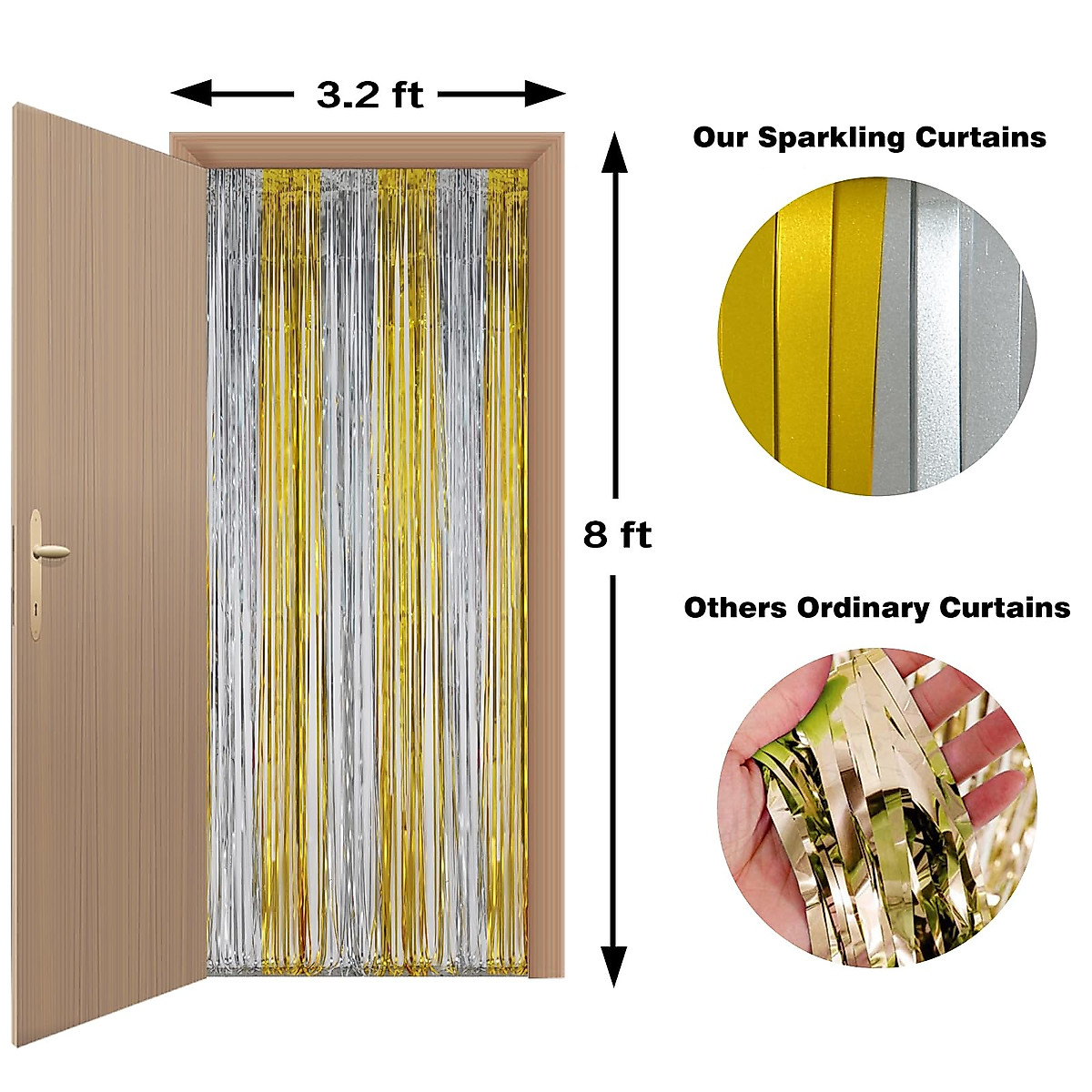 Melsan Gold and Silver Tinsel Curtains - 3.2ft X 8ft Foil Fringe Curtain Photo Backdrop for New Year Eve, Anniversary, Graduation, Birthday Party Backdrop - 4 Packs