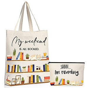 Sieral 2 Pcs Book Lovers Gifts Bookshelf Tote Bag Makeup Reading Canvas Bag Reusable Book Tote Bag Cosmetic Pencil Cases School Bag Gift with Metal Zipper Bookish Librarian Gifts for Women Teacher
