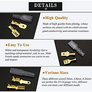 FIXITOK 480pcs Quick Splice 2.8/4.8/6.3mm Male Female Wire Spade Connector Wire Crimp Terminal Block with Insulating Sleeve Assortment Kit for Electrical Wiring Car Audio Speaker (Golden)