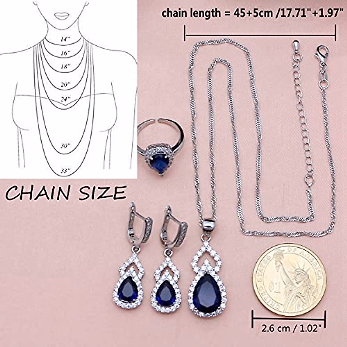 LMXXVJ Women Jewelry Set Platinum Plated Necklace Open Ring Earrings Bracelet Set,Birthday/Anniversary Mother’s Day Jewelry Gifts for Mom/Wife/Sister/Best Friend (blue, Adjustable)