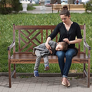 MFSTUDIO Outdoor Acacia Wood Garden Bench with Backrest and Armrest,2-Person Slatted Seat Bench Patio Furniture for Porch,Park,Yard,Weight Capacity 600 lbs(Brown)