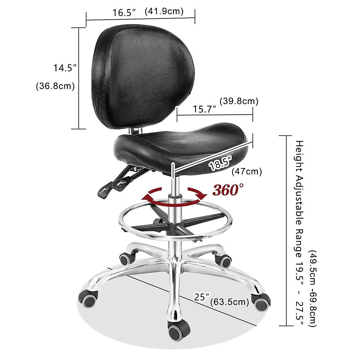 Drafting Chair Adjustable Tall Shop Stool, Rolling Chair with Backrest and Footrest for Computer, Studio, Workshop, Classroom, Lab, Counter, Home Office (Black)