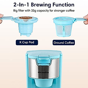 Single Serve Coffee Maker with Milk Frother, 2-In-1 Cappuccino Coffee Machine for K Cup Pod and Ground Coffee, Single Cup Brewer Compact Latte Maker with 30 oz Removable Tank, Blue
