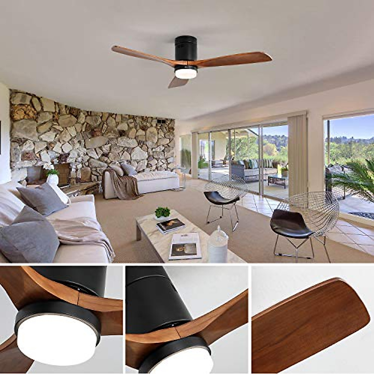 Sofucor 52 Inch Low Profile Ceiling Fan With Lights 3 Wood Fan Blade Noiseless Reversible DC Motor Remote Control Flush Mount Ceiling Fan With Light for Farmhouse Modern Style Contemporary Decor