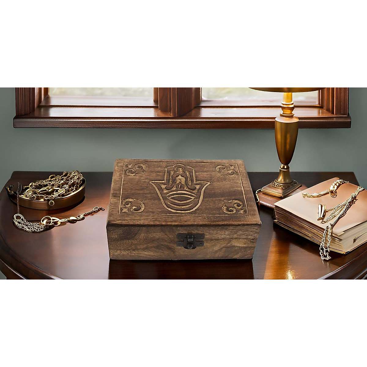 Great Birthday Gifts Handmade Decorative Wooden Jewelry Box Hamsa Hand Carving Jewelry Organizer Keepsake Box Treasure Chest Trinket Holder Watch Box Storage Lock Box 7 x 5 Inches Housewarming Gift