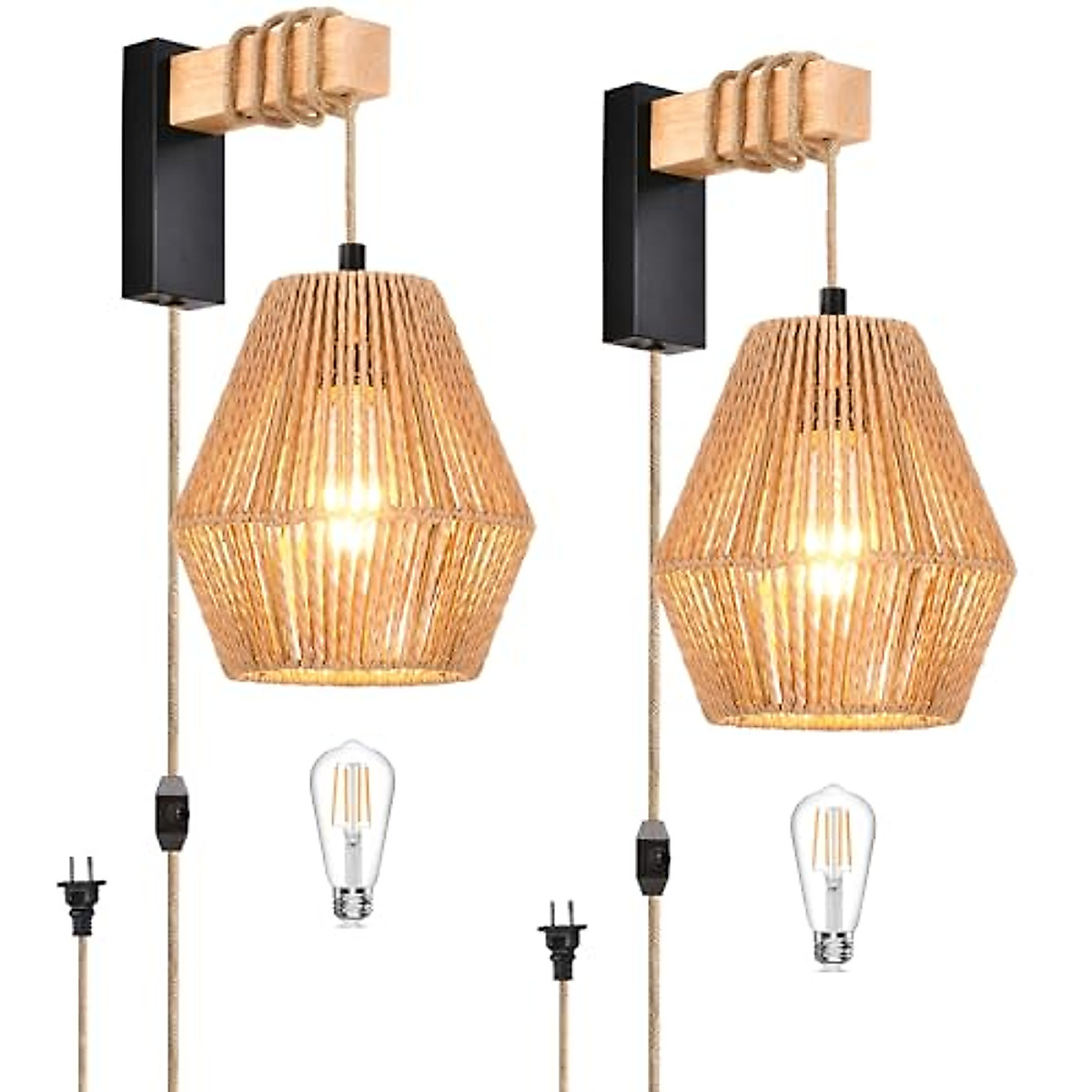ZECOXOL Plug-in Wall Sconces Set of Two, Rattan Boho Decor Wall Lamps with Plug-in Cord, Wicker Sconces for Bedroom & Living Room