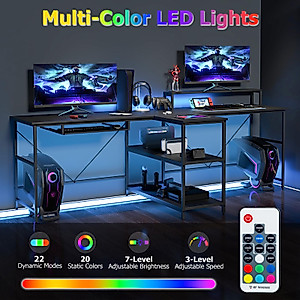 Giantex 94.5” 2 Person Desk with LED Lights, Long PC Study Desk with Storage Shelves, Power Outlets, Keyboard Tray & Monitor Stand, Double Computer Desk Workstation for Home Office (Black)