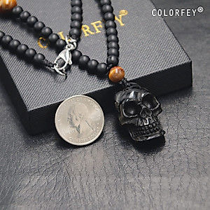Obsidian Skull Necklace for Mens, Triple Protection Crystal Necklace with Genuine Obsidian Tiger Eye and Black Onyx Stone, Natural Mens Beads Necklace to Bring Luck, Prosperity and Happiness