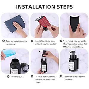 Nobtou Black Soap Dispenser Wall Mount for Bathroom - 8.5 Oz Glass Hand Soap Dispenser with Pump and Drill-Free Wall Mount Holders, Shower Soap Dispenser with Waterproof Labels