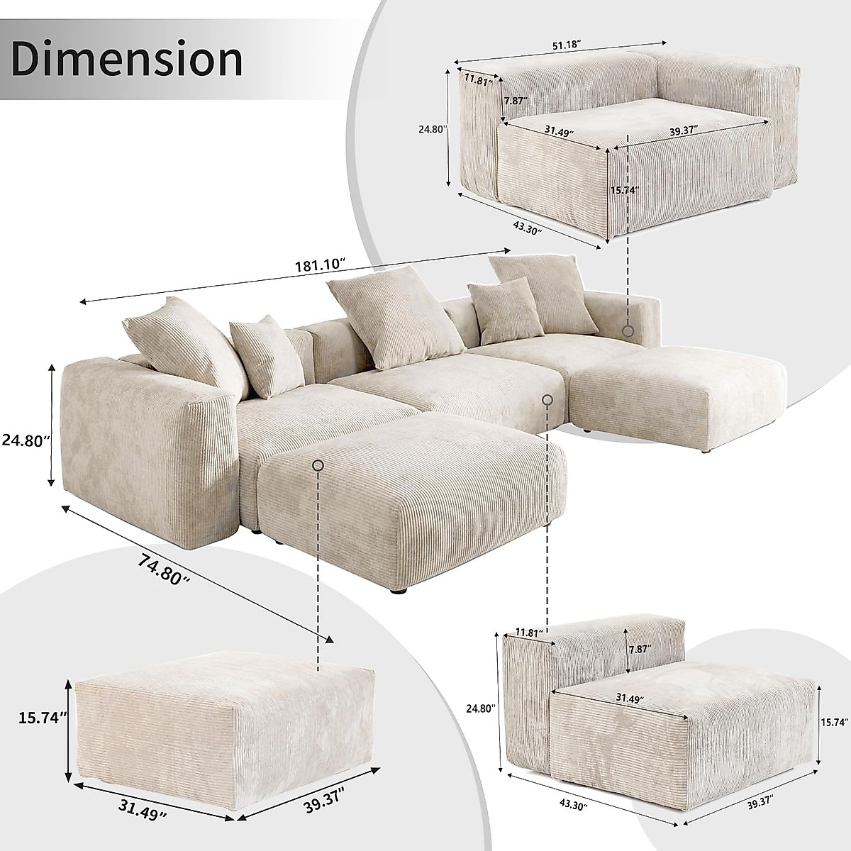 141.73" Modular Sectional Sofa, Slipcovered Corduroy U Shaped Sofa Couch with 2 Ottomans,5 - Piece Convertible Sectional with 5 Pillows,Cushion Covers Removable& Washable (Beige)