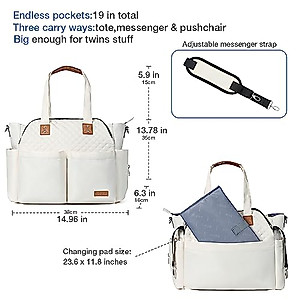 Lekebaby Diaper Bag Tote Large Mommy Bag for Hospital, Baby Bags for Mom Travel Diaper Tote Messenger Purse, Quilted White