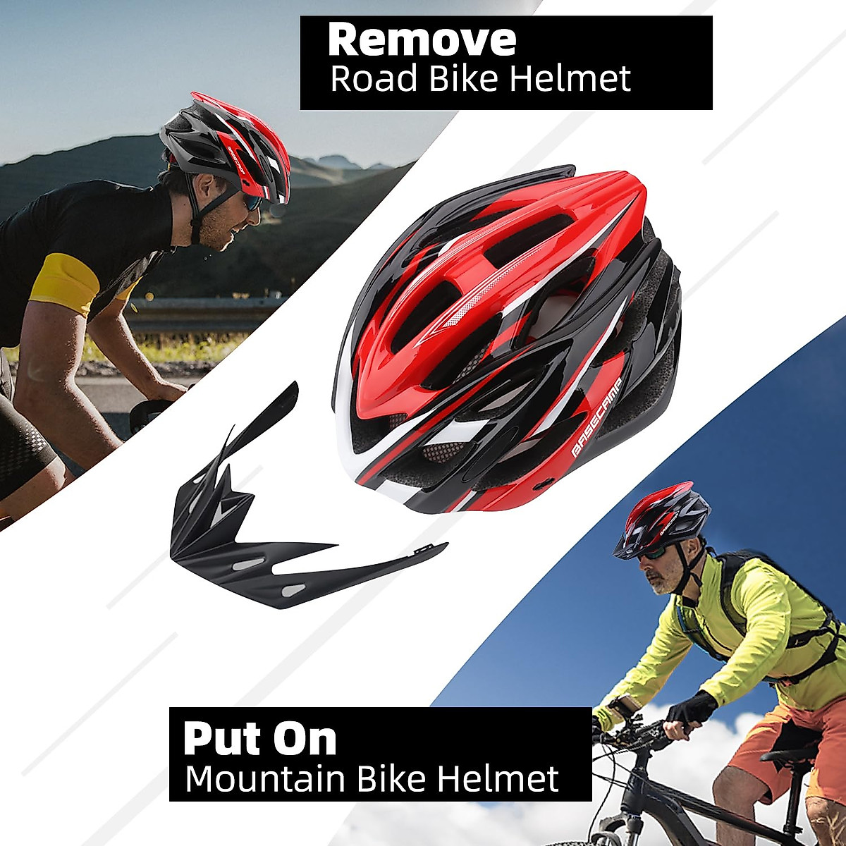 Basecamp Bike Helmet for Men Women with LED Safety Light Removable Sun Visor Lightweight Bicycle Helmet Adjustable Breathable Mountain & Road Cycling Helmets for Adult (BC-10)