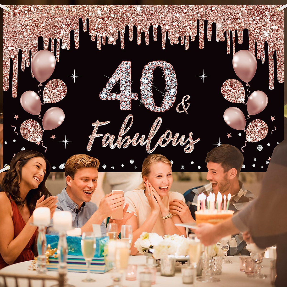 40th Birthday Decorations 40 & Fabulous Birthday Banner for Women, Rose Gold 40 Birthday Theme Sign Party Supplies, Forty Year Old Bday Background Photo Booth for Indoor Outdoor