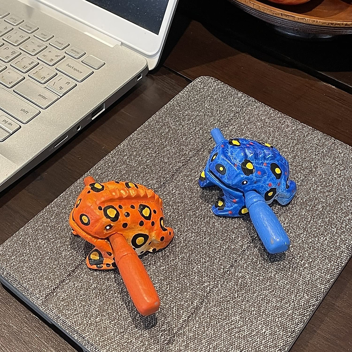 Cozinest Pair Wooden Frogs Guiro Rasp Percussion Instruments Tone Block Thailand Craft Small Wood Frog Musical Instrument 2 Inch (Blue and Orange Dots)