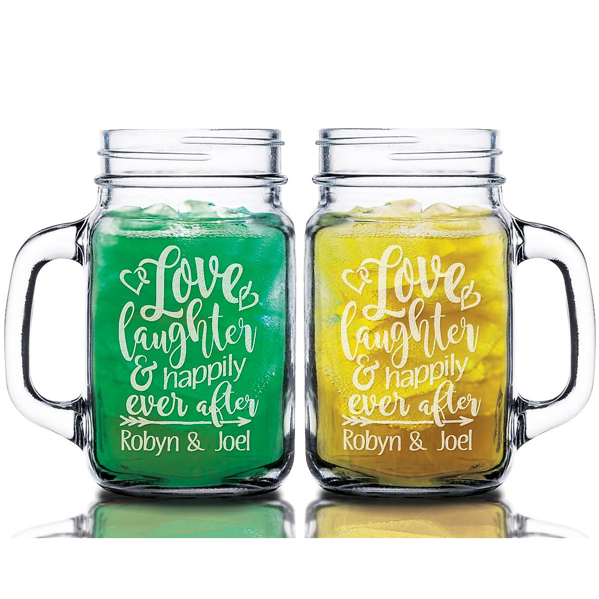 Love Laughter Happily Ever After Custom Set of 2 Custom Mason Jars Man Wife Anniversary Just Married Engaged Couples Mugs Personalized Bride Groom Wedding Favor