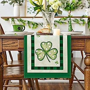 Artoid Mode Buffalo Plaid Shamrock St. Patrick's Day Table Runner, Seasonal Spring Wedding Holiday Kitchen Dining Table Decoration for Indoor Outdoor Home Party Decor 13 x 72 Inch