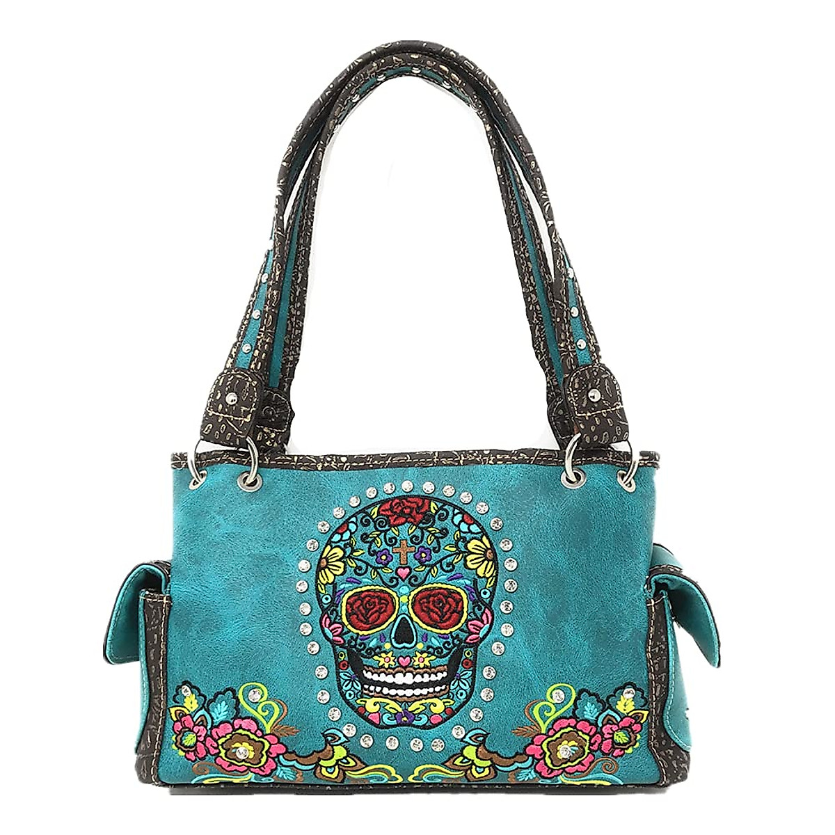 Texas West Women's Embroide Sugar Skull Handbag Purse Wallet Set in Multi Color (Turq)
