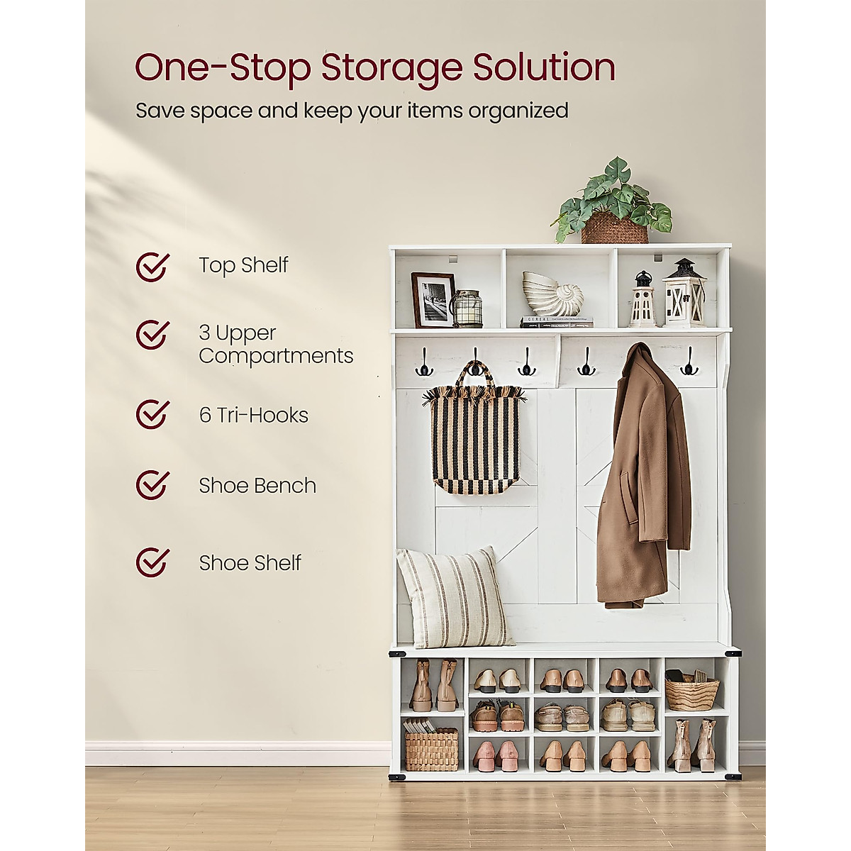 VASAGLE Hall Tree with Bench and Shoe Storage, Coat Rack with Shoe Bench, Entryway Furniture, 16 Open Compartments, 6 Tri-Hooks, Farmhouse Style, Space Saving, Rustic White UHSR427W02