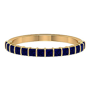 Rosec Jewels Certified Sapphire Half Eternity Band, AAA Quality, Natural Blue Sapphire Princess Cut Wedding Ring - Ready to Gift, 14K Yellow Gold, Size:US 10.00