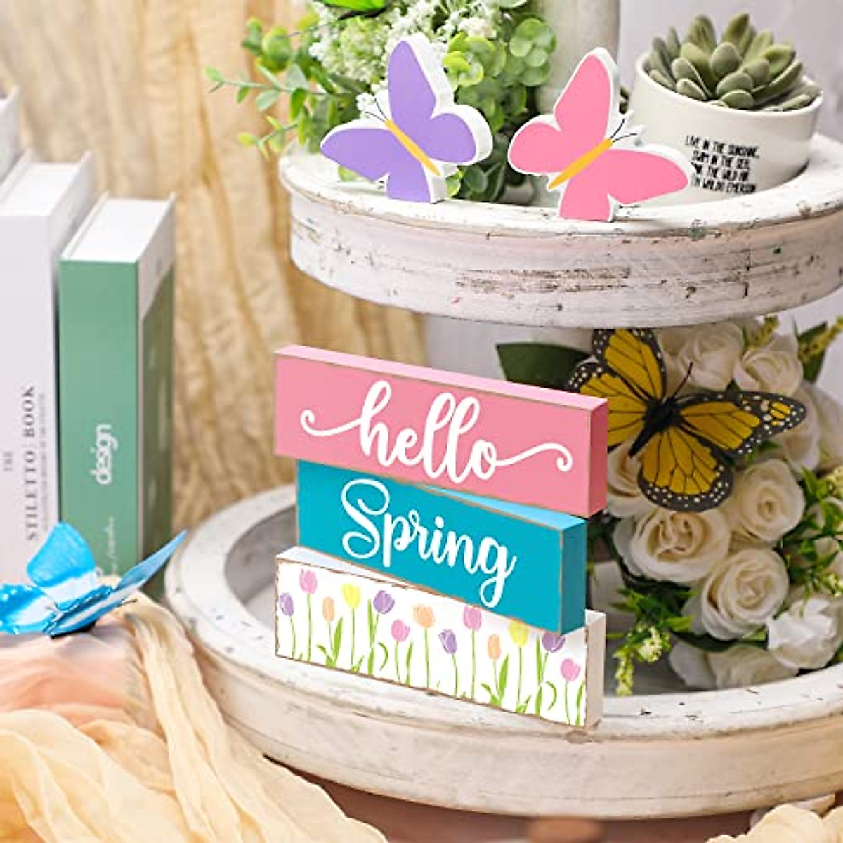 5 Pcs Hello Spring Tiered Tray Decorations Rustic Spring Table Decor Farmhouse Spring Decorations for Home Spring Wood Sign Hello Spring Table Centerpiece Standing Decor for Shelf Tabletop Fireplace