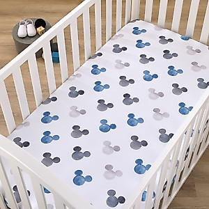 Disney Mickey Mouse - Black, White and Blue Watercolor Mickey Ears Nursery Fitted Mini Crib Sheet