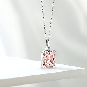 Gem Stone King 925 Silver Peach Nano Morganite and White Created Sapphire Pendant Necklace For Women (3.24 Cttw, Gemstone October Birthstone, Emerald Cut 10X8MM with 18 Inch Silver Chain)