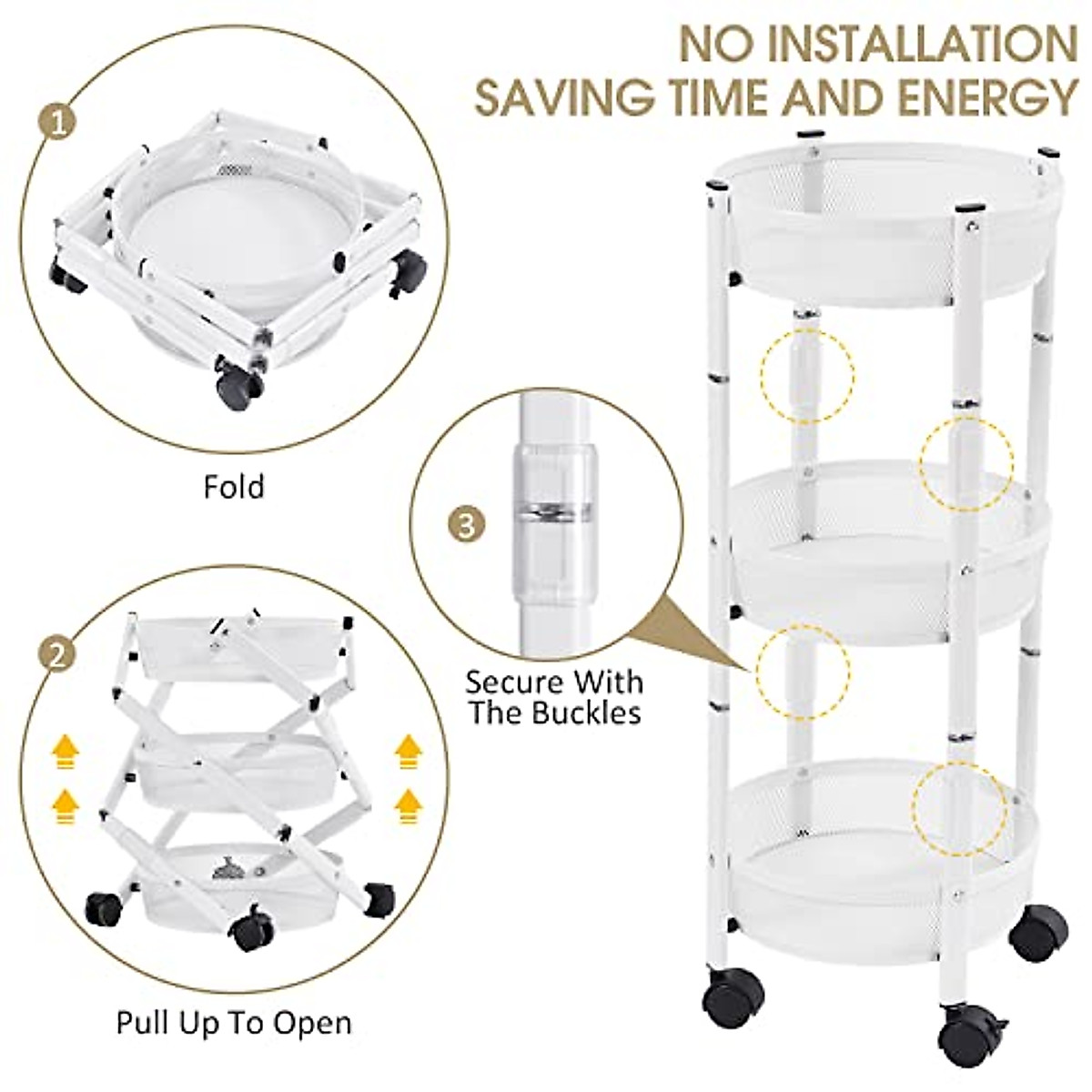 APEXCHASER 3-Tier Metal Storage Rolling Cart, Collapsible Utility Cart, No Assemble, Multifunction Serving Organizer Trolley with Lockable Wheels for Kitchen, Living Room, Bathroom,White