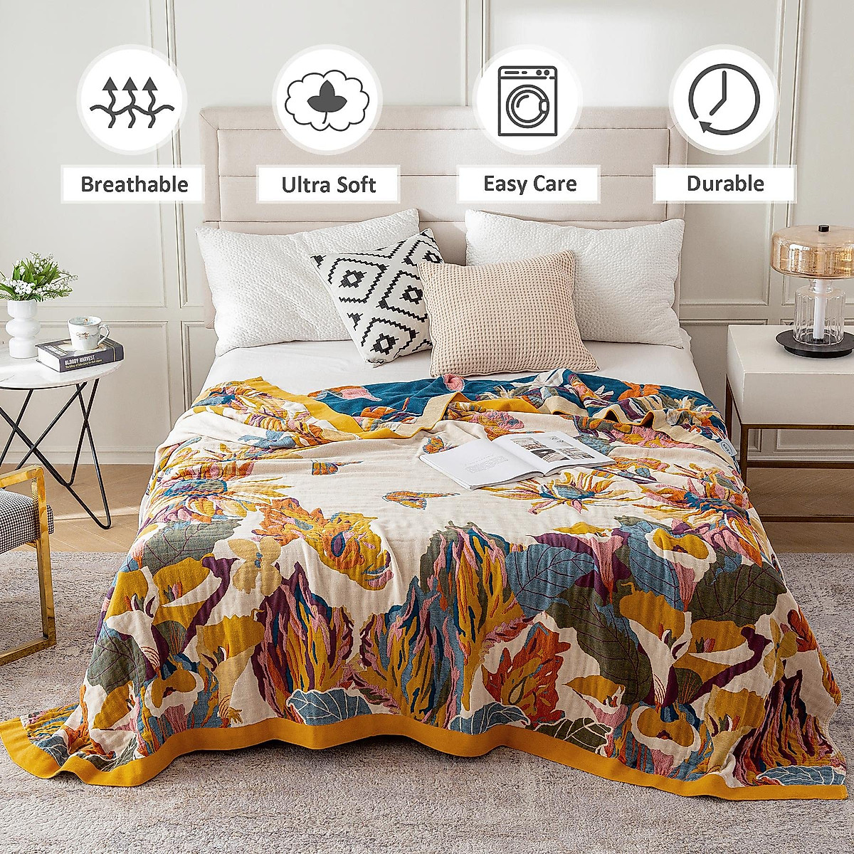 Boho Throw Blanket for Bed - 100% Cotton Ultra Soft Rustic Quilt - Floral Printed Farmhouse Decor Spring Bed Blankets,98"×98" All Season Rustic Throw for Sofa Couch Chair