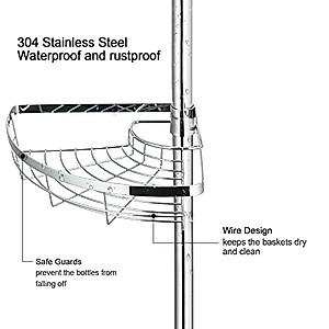 GOODBUY Corner Shower Caddy Tension Pole, Stainless Steel Bathroom Shower Organizer, Shower Rack Shower Shelf Corner with 4 Tier Adjustable Baskets, 4.9ft to 9.2ft, Silver