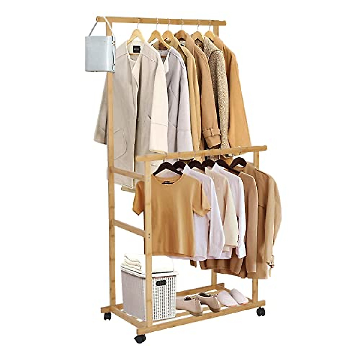 MOUTIK Wood Rolling Clothes Hanging Rack: Heavy Duty Double Rods Clothing Garment Racks - Bamboo Coat Hanger Organizer on Lockable Wheels with Shoes Shelf for Storage Display