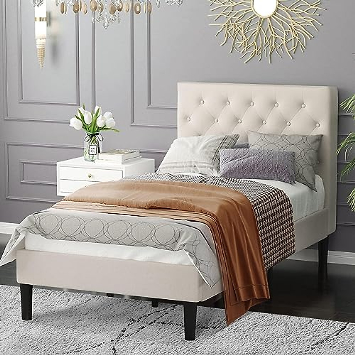 HOMBCK Twin Bed Frame, Upholstered Bed Frane Twin with Button Tufted Headboard, Linen Fabric Modern Bed Frame, Sturdy Wood Slat Support, No Box Spring Needed, Beige