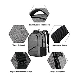 MATEIN Travel Laptop Backpack,TSA Large Travel Backpack for Women Men, 17 Inch Business Flight Approved Carry On Backpack with USB Charger Port and Luggage Sleeve, Durable College School Bookbag,Grey