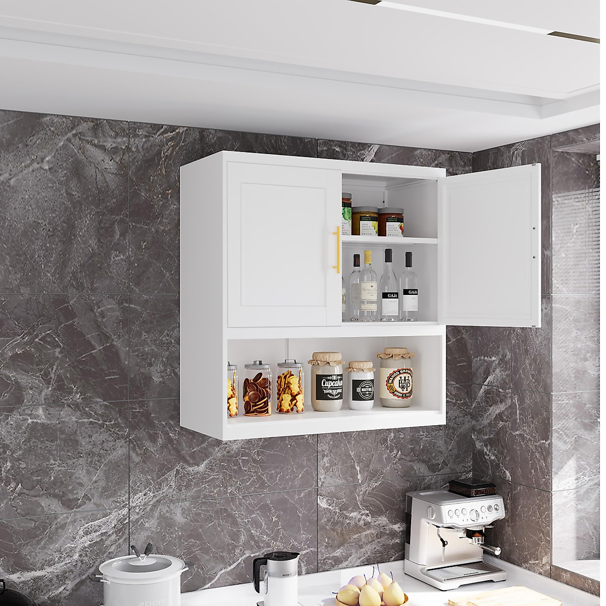 KAIFAM Wall Mounted Bathroom Storage Cabinet with Doors and Shelves, Wall Hanging Metal Cabinet with Open Storage for Kitchen, Bathroom, Over The Toilet, (White)