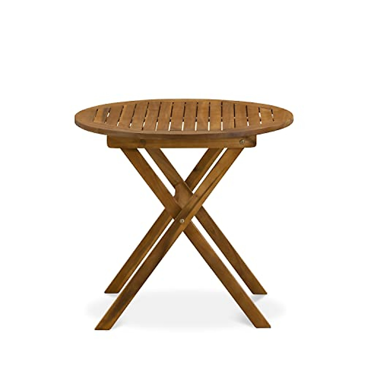 East West Furniture MNCM3CANA Marion 3 Piece Patio Bistro Outdoor Set Contains a Round Acacia Wood Coffee Table and 2 Folding Arm Chairs, 30x30 Inch, Natural Oil