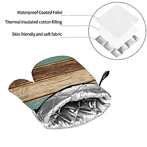 Retro Rustic Barn Wood Oven Mitts and Pot Holders Sets Set of 4，Resistant Hot Pads Non-Slip Cotton Lining Gloves for Kitchen Baking Cooking Grilling