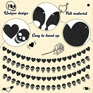K1tpde 4PCS Gothic Black Heart Skull Garland Banner Kits Black Felt Heart Garland Banner for Valentines Black Felt Skull Garland Banner for Gothic Birthday Party Decorations Halloween Home Decor