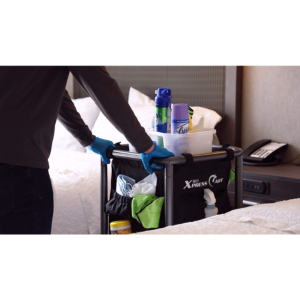 Housekeeping and Janitorial Cart with Rolling Wheels, Black Bag, Compact Steel Frame, Hammertone Finish