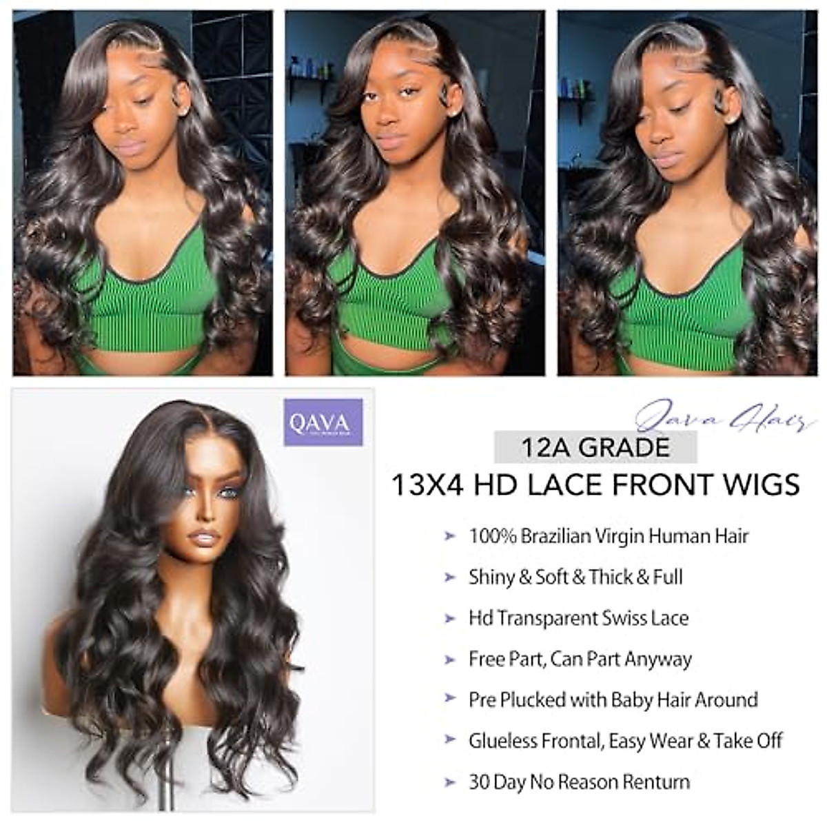 QAVA 30 inch Lace Front Wig Human Hair Pre Plucked 180 Density Body Wave 13x4 Glueless HD Transparent Lace Frontal Wigs Human Hair Brazilian Virgin Human Hair Wigs for Black Women