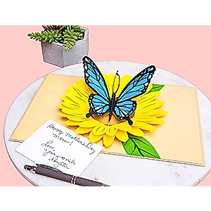 PopLife Blue Butterfly and Sunflower Pop Up Mother's Day Card - 3D Anniversary, Valentine's Day Card, Thank You, Happy Birthday - for Mom, for Wife, for Daughter, for Sister