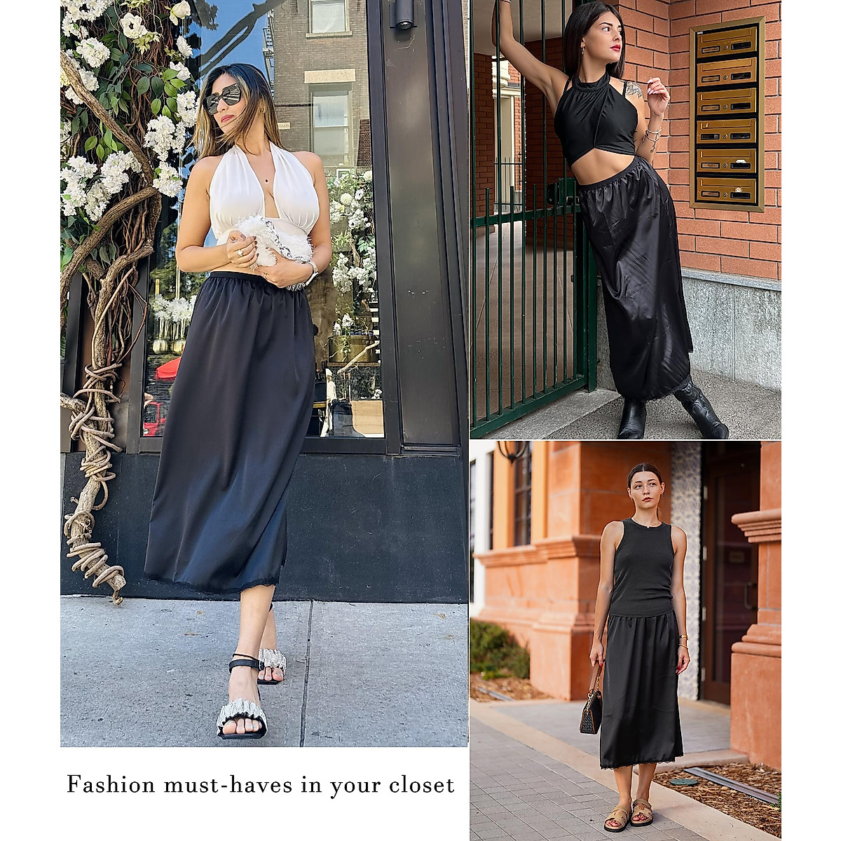 Avidlove Women's Flare 36" Long Satin Half Slip with Lace Trim(Black,L)