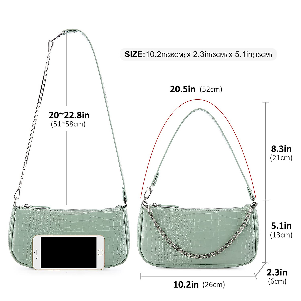 Loiral Shoulder Bags for Women, Retro Classic Tote HandBag Crocodile Pattern Clutch Purse with Zipper Closure, Light Green