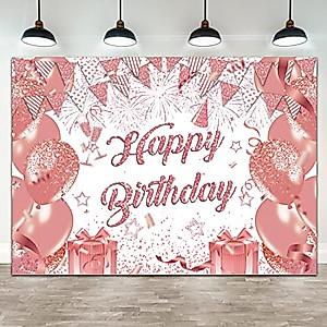 Wollmix Rose Gold Happy Birthday Decorations for Women Banner Backdrop 7x5ft Party Sweet 16 Girls Balloons Glitter Dots Photography Background Supplies Photo Booth Studio Cake Table