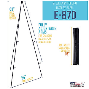 U.S. Art Supply 63" High Steel Easy Folding Display Easel - Quick Set-Up, Instantly Collapses, Adjustable Height Display Holders - Portable Tripod Stand, Presentations, Signs, Posters, Holds 5 lbs