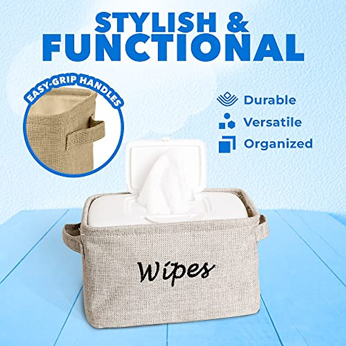 Dejaroo - Baskets for Organizing Wipes and Newborn Essentials, Diaper and Wipes Organizer, Embroidered Baby Shower Gifts for Moms, Linen Basket with Handle, 9 x 6 x 5.5 Inches, Grey