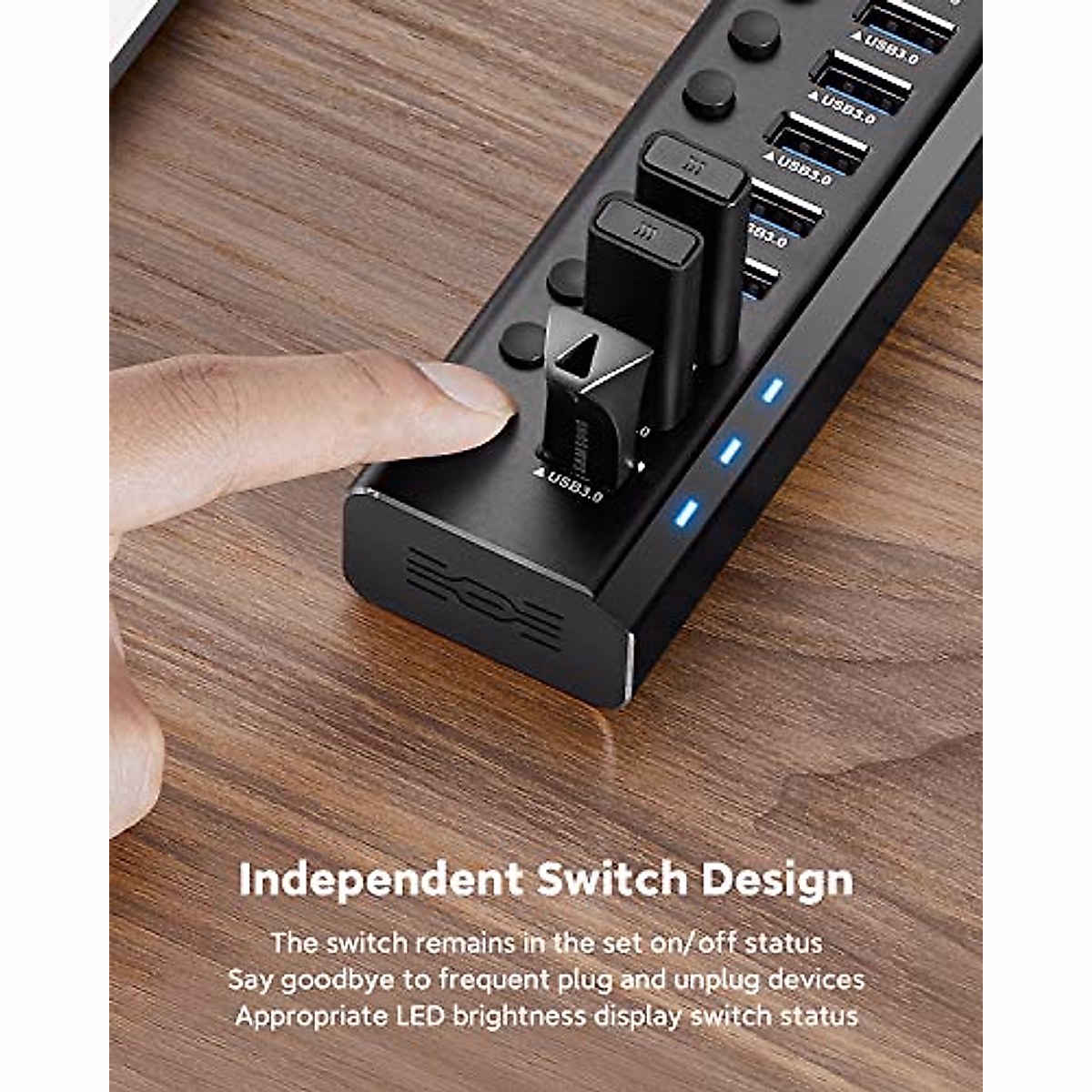 Powered USB Hub 3.0 ikuai Aluminum 10 Port USB 3.0 Data Hub Splitter with 12V/3A 36W Power Adapter and Individual On/Off Switches for Desktop PC Laptop and More