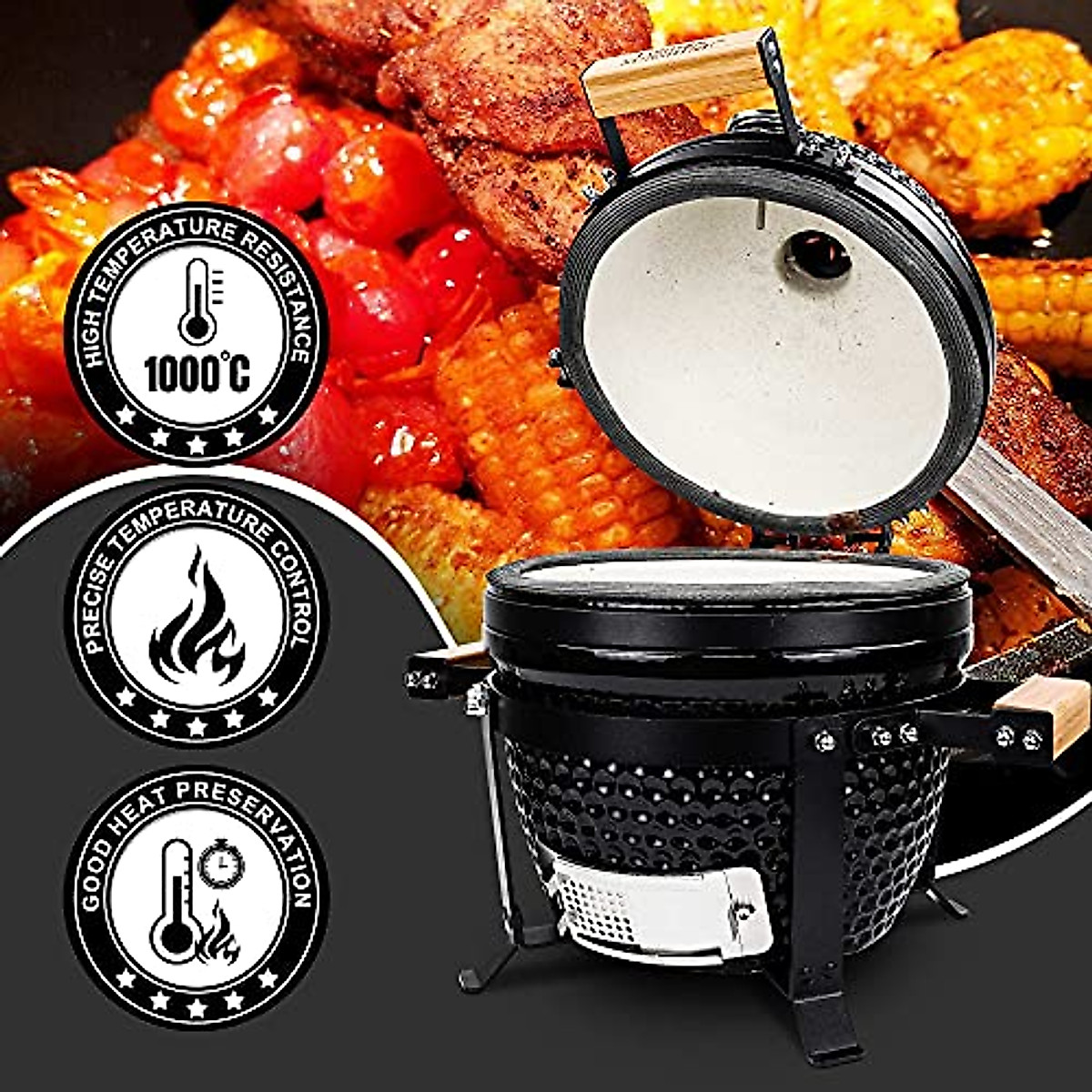 London Sunshine Ceramic BBQ Charcoal Kamado Grill 13 inch Portable Tabletop BBQ Grill Black