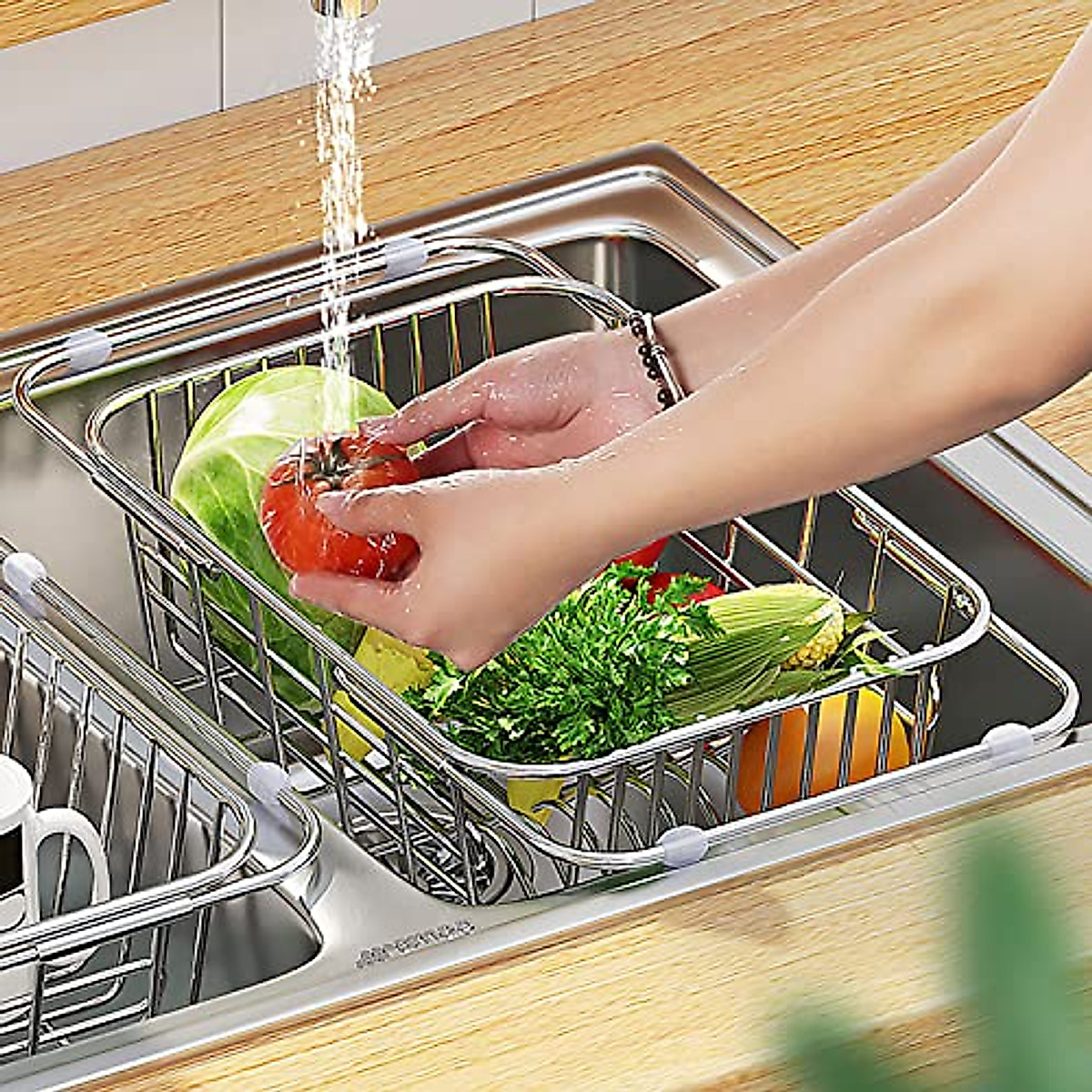 PEAKXCAN Retractable Stainless Steel Kitchen Draining Rack, Sink Draining Basket, Fruit and Dish Rack, Dish Washing Basket, Draining Bowl Rack